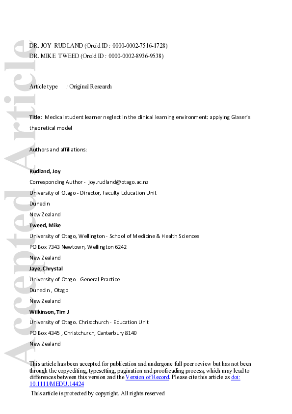 (PDF) Medical student learner neglect in the clinical learning environment: Applying Glaser’s ...