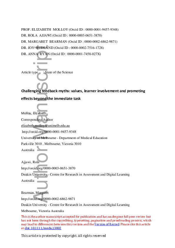 (PDF) Challenging feedback myths: Values, learner involvement and ...