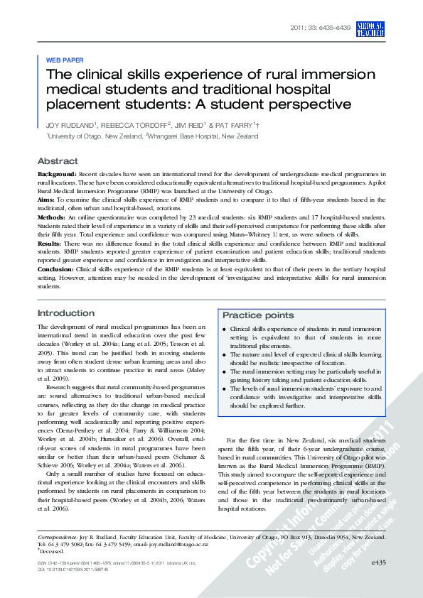 (PDF) The clinical skills experience of rural immersion medical ...
