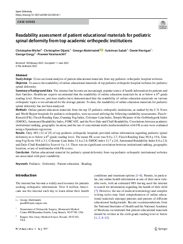 (PDF) Readability assessment of patient educational materials for ...