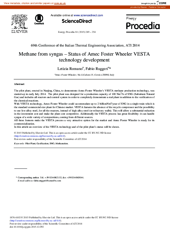 (PDF) Methane from Syngas – Status of Amec Foster Wheeler VESTA ...