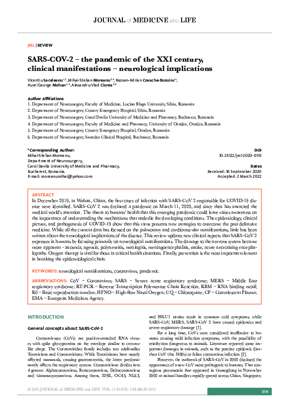 Pdf Sars Cov 2 The Pandemic Of The Xxi Century Clinical