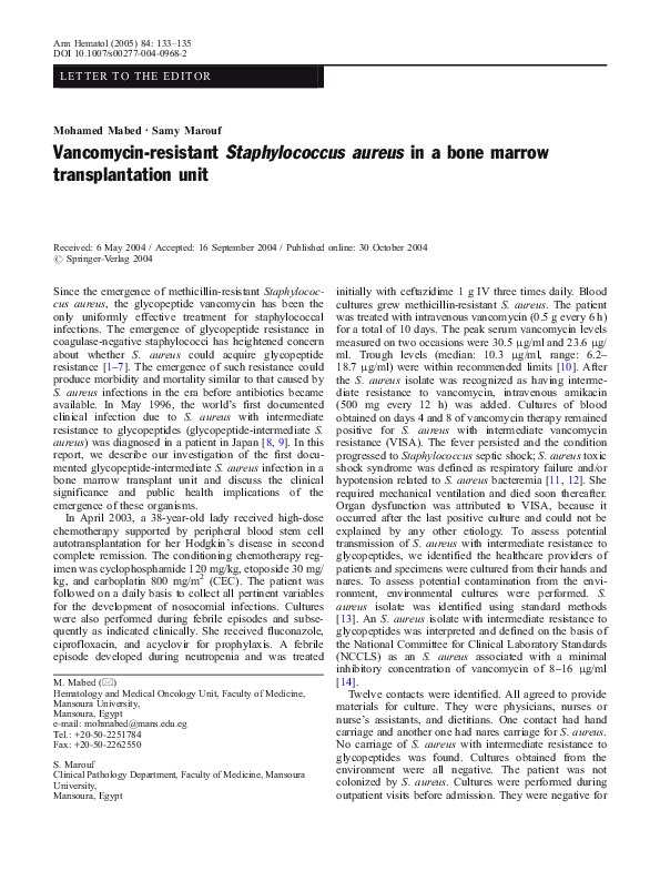 (PDF) Vancomycin-resistant Staphylococcus aureus in a bone marrow ...