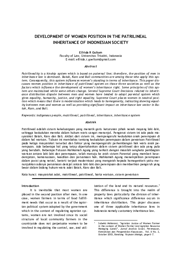 (PDF) Development of Women Position in the Patrilineal Inheritance of ...