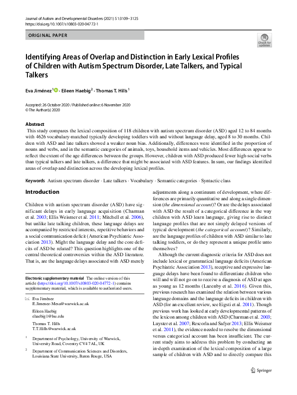 (PDF) Identifying Areas of Overlap and Distinction in Early Lexical Profiles of Children with ...