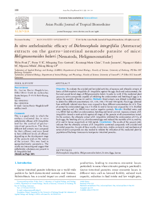 (PDF) In vitro anthelminthic efficacy of Dichrocephala integrifolia ...
