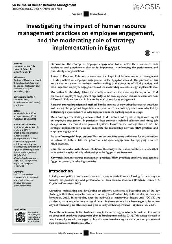 (PDF) Investigating the impact of human resource management practices on employee engagement ...