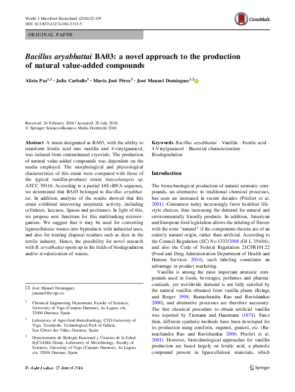(PDF) Bacillus aryabhattai BA03: a novel approach to the production of natural value-added compounds