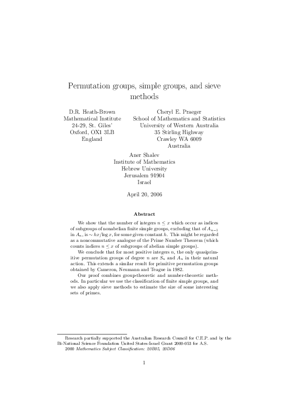 (PDF) Permutation groups, simple groups, and sieve methods