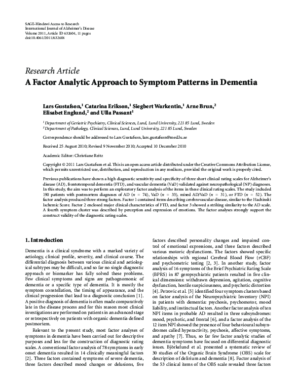 (PDF) A factor analytic approach to symptom patterns in dementia