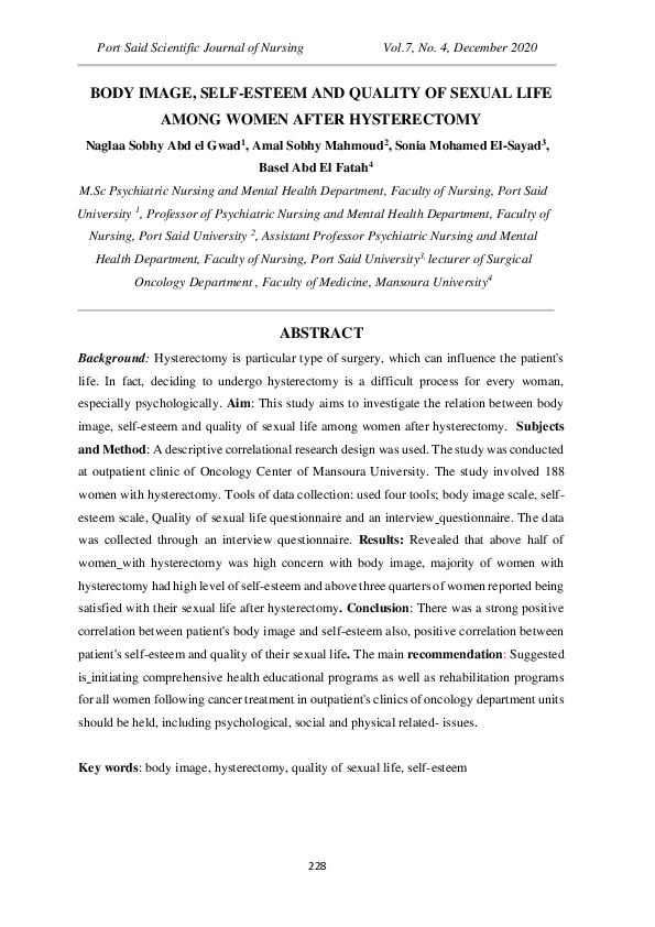 (PDF) Body Image, Self-Esteem and Quality of Sexual Life Among Women After Hysterectomy