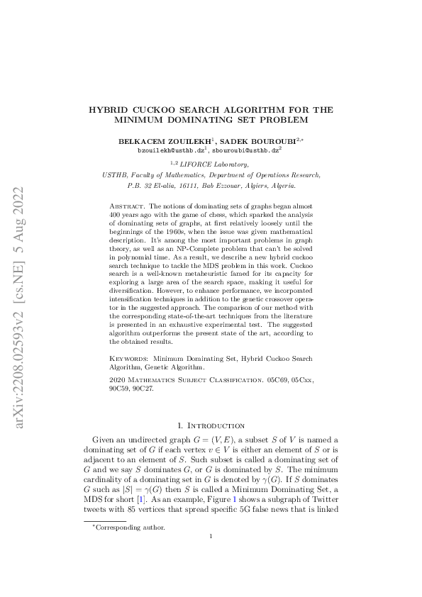 Pdf Hybrid Cuckoo Search Algorithm For The Minimum Dominating Set Problem Sadek Bouroubi