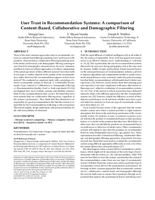 (PDF) User Trust in Recommendation Systems: A comparison of Content-Based, Collaborative and ...