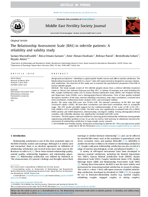 Pdf The Relationship Assessment Scale Ras In Infertile Patients A Reliability And Validity
