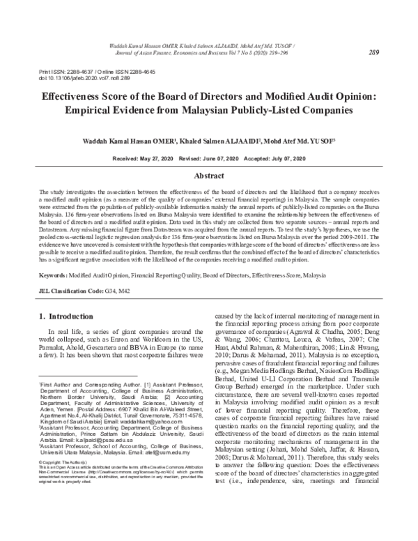 (PDF) Effectiveness Score of the Board of Directors and Modified Audit Opinion: Empirical ...