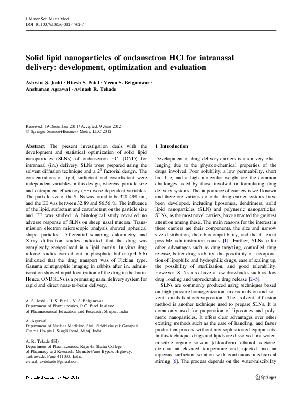 Pdf Solid Lipid Nanoparticles Of Ondansetron Hcl For Intranasal Delivery Development
