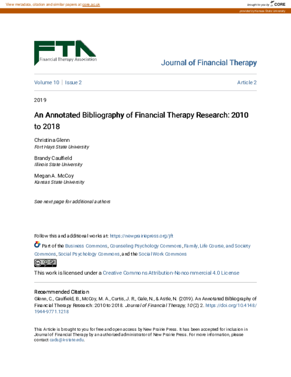 (PDF) An Annotated Bibliography of Financial Therapy Research: 2010 to 2018