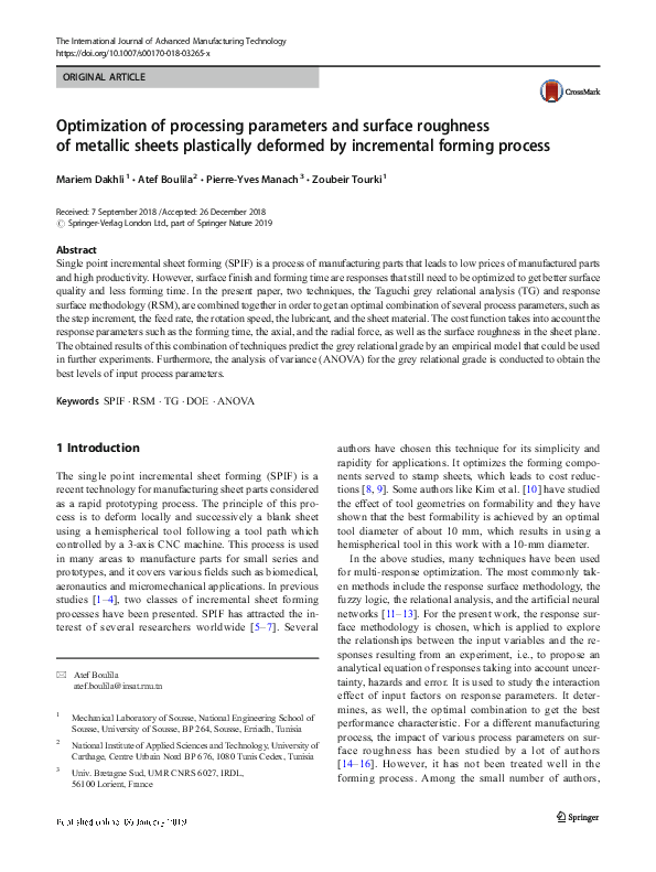 (PDF) Optimization of processing parameters and surface roughness of metallic sheets plastically ...