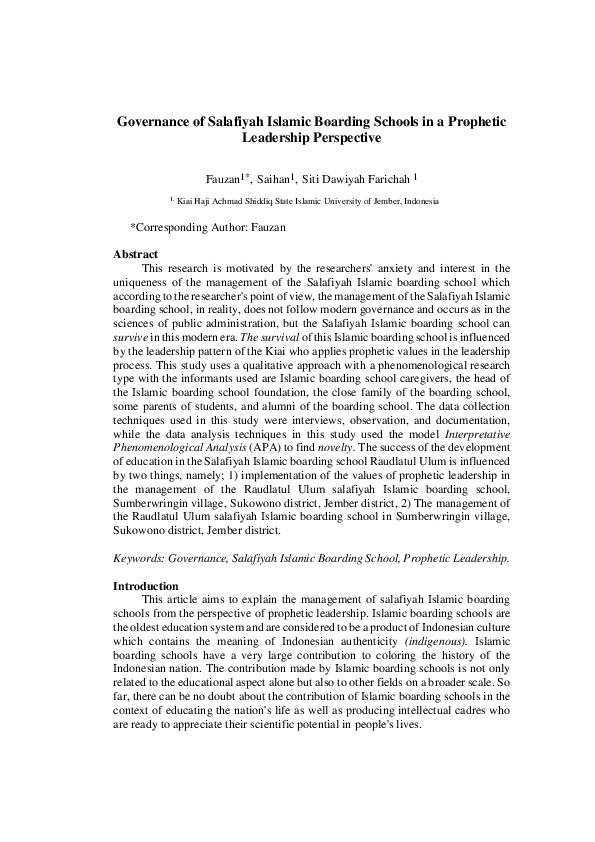 (PDF) Governance of Salafiyah Islamic Boarding Schools in a Prophetic ...
