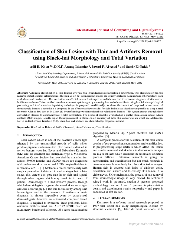 (PDF) Classification of Skin Lesion with Hair and Artifacts Removal using Black-hat Morphology ...