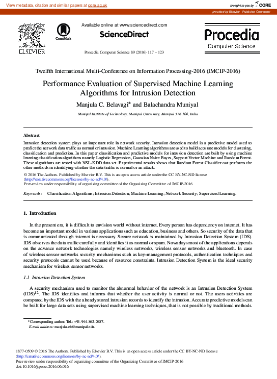 (PDF) Performance Evaluation of Supervised Machine Learning Algorithms for Intrusion Detection