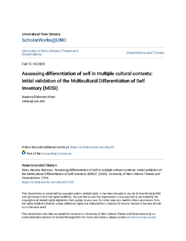 (PDF) Assessing differentiation of self in multiple cultural contexts: Initial validation of the ...