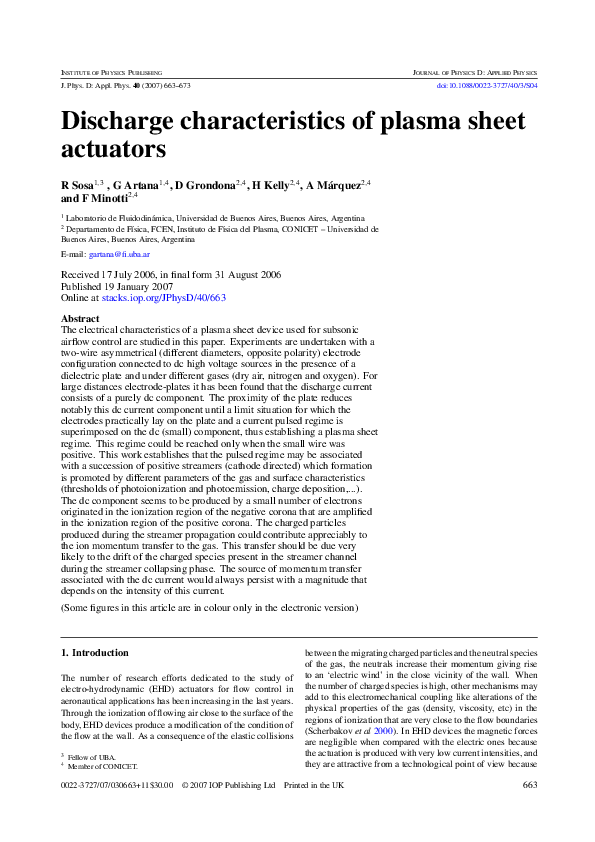 (PDF) Discharge characteristics of plasma sheet actuators