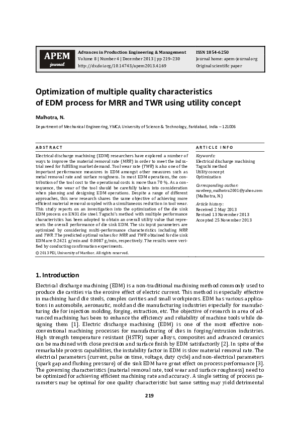 (PDF) Optimization of multiple quality characteristics of EDM process for MRR and TWR using ...
