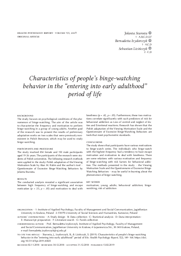 (PDF) Characteristics of people’s binge-watching behavior in the ...