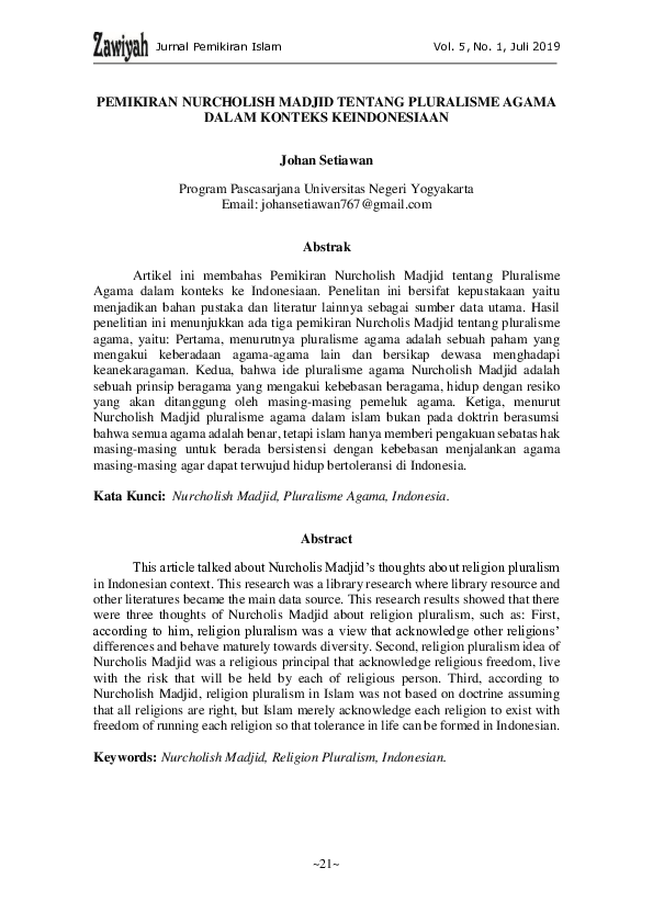 (PDF) Pemikiran Nurcholish Madjid Tentang Pluralisme Agama Dalam Konteks Keindonesiaan