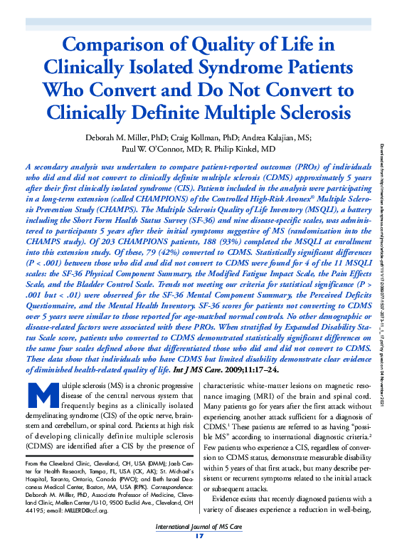 (PDF) Comparison of Quality of Life in Clinically Isolated Syndrome Patients Who Convert and Do ...