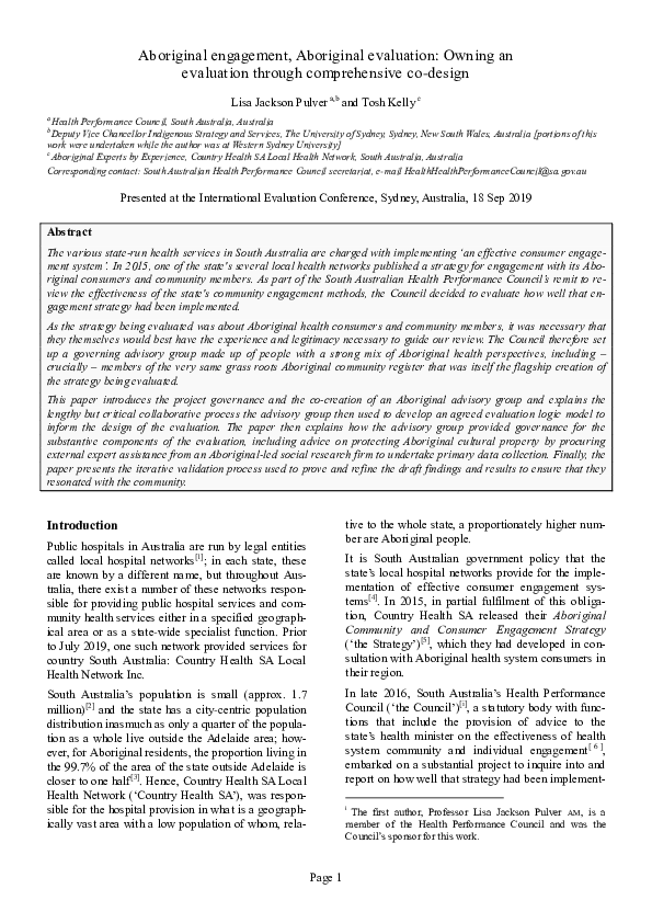 (PDF) Aboriginal engagement, Aboriginal evaluation: owning an ...