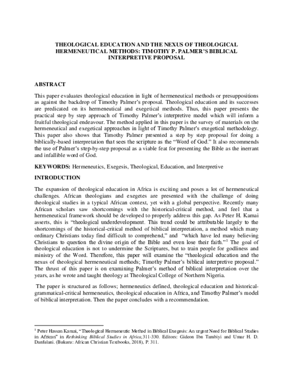 (PDF) THEOLOGICAL EDUCATION AND THE NEXUS OF THEOLOGICAL HERMENEUTICAL METHODS: TIMOTHY P ...
