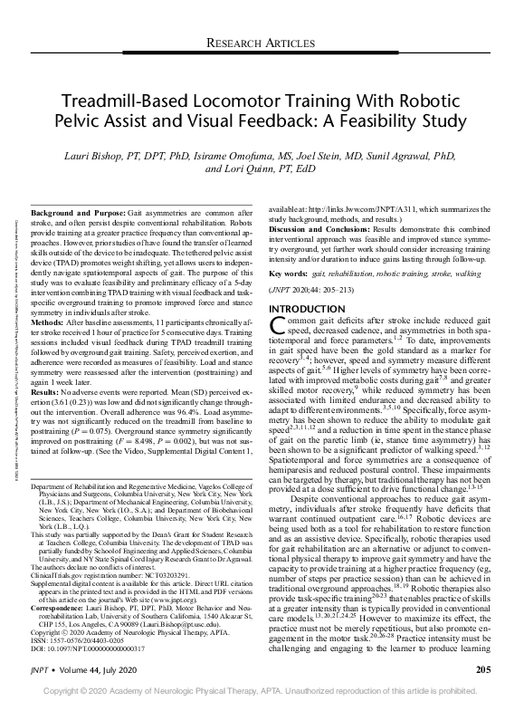 (PDF) Treadmill-Based Locomotor Training With Robotic Pelvic Assist and Visual Feedback: A ...