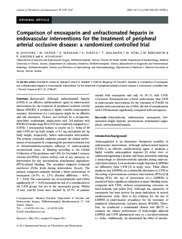 (PDF) Comparison of enoxaparin and unfractionated heparin in endovascular interventions for the ...