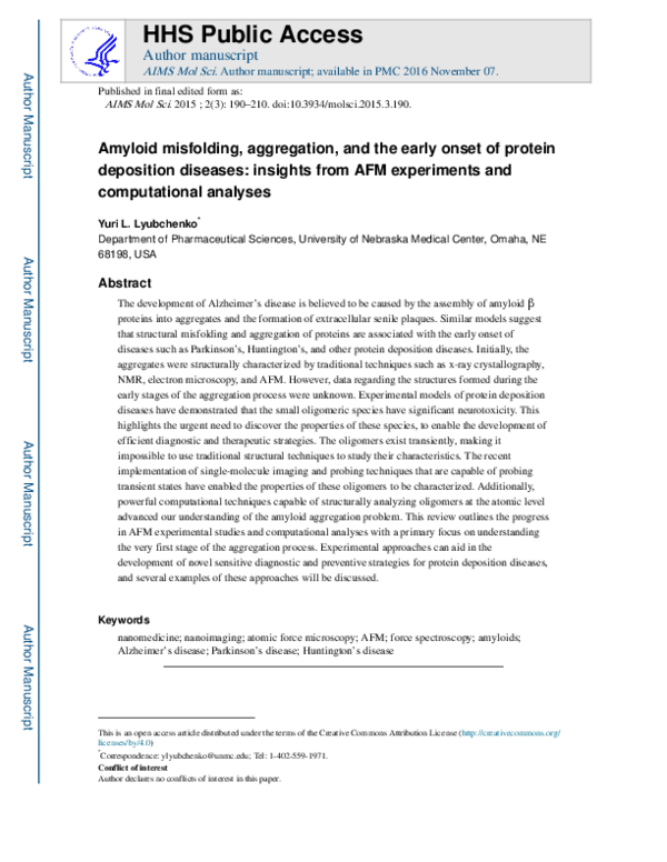 (PDF) Amyloid misfolding, aggregation, and the early onset of protein ...