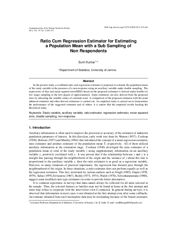 (PDF) Ratio Cum Regression Estimator for Estimating a Population Mean with a Sub Sampling of Non ...