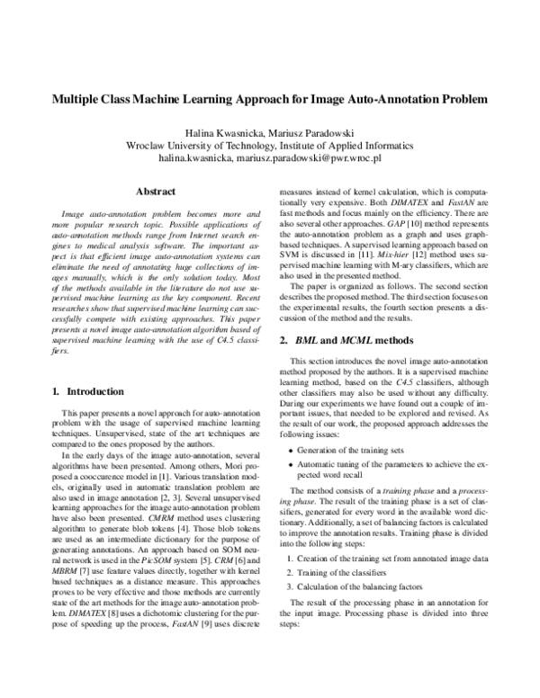 (PDF) Multiple Class Machine Learning Approach for an Image Auto ...