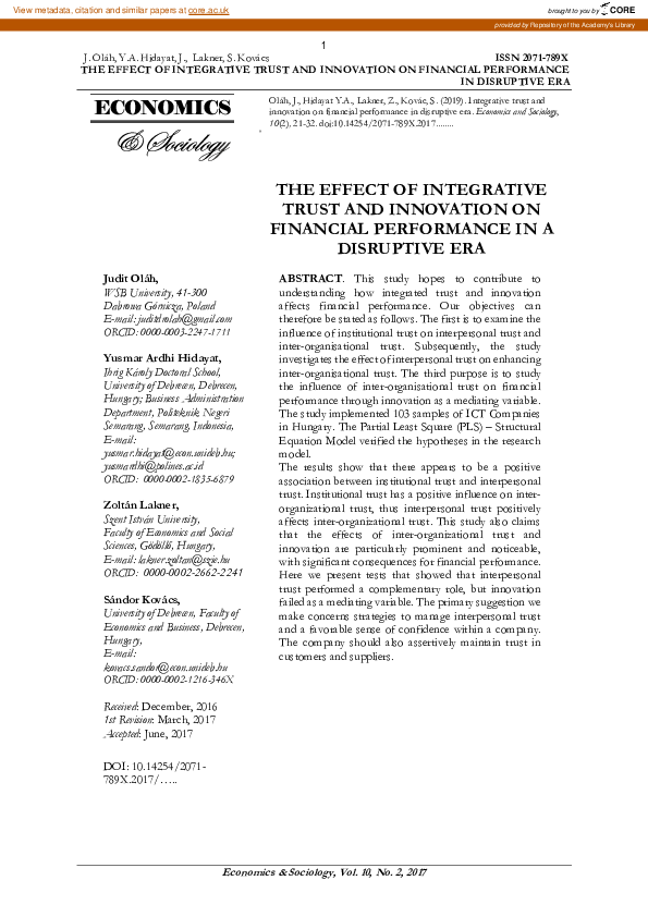(PDF) The Effect of Integrative Trust and Innovation on Financial ...