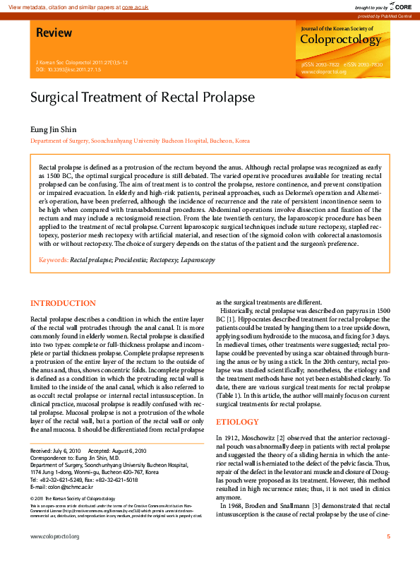 (PDF) Surgical treatment of rectal prolapse | Chris Cunningham - Academia.edu