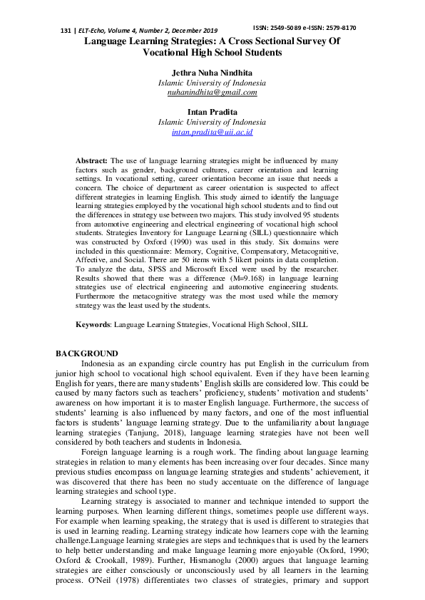 (PDF) Language Learning Strategies: A Cross Sectional Survey Of ...