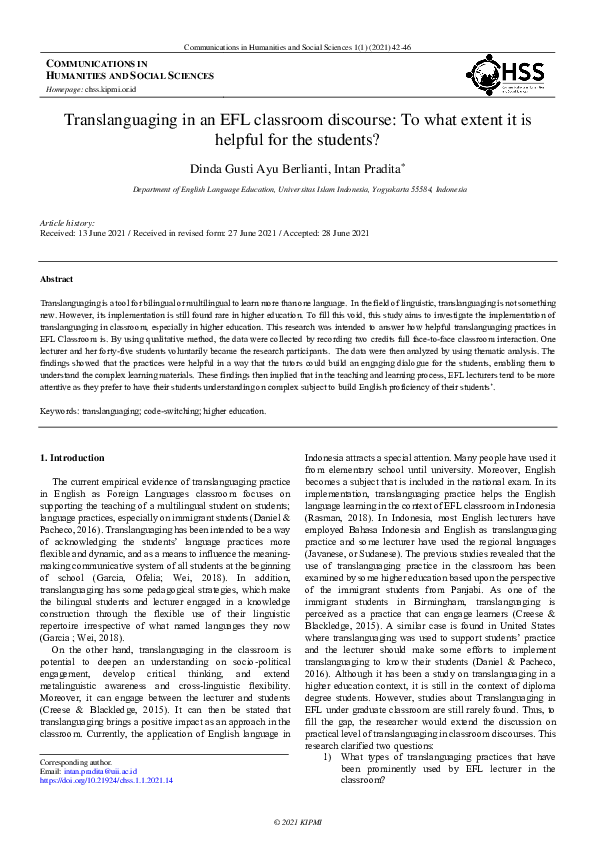 (PDF) Translanguaging in an EFL classroom discourse: To what extent it ...