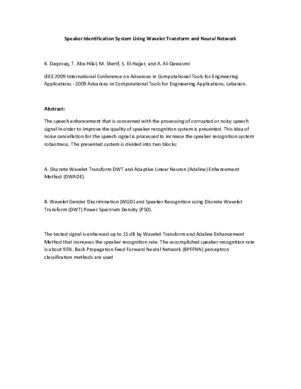 Pdf Speaker Identification System Using Wavelet Transform And Neural