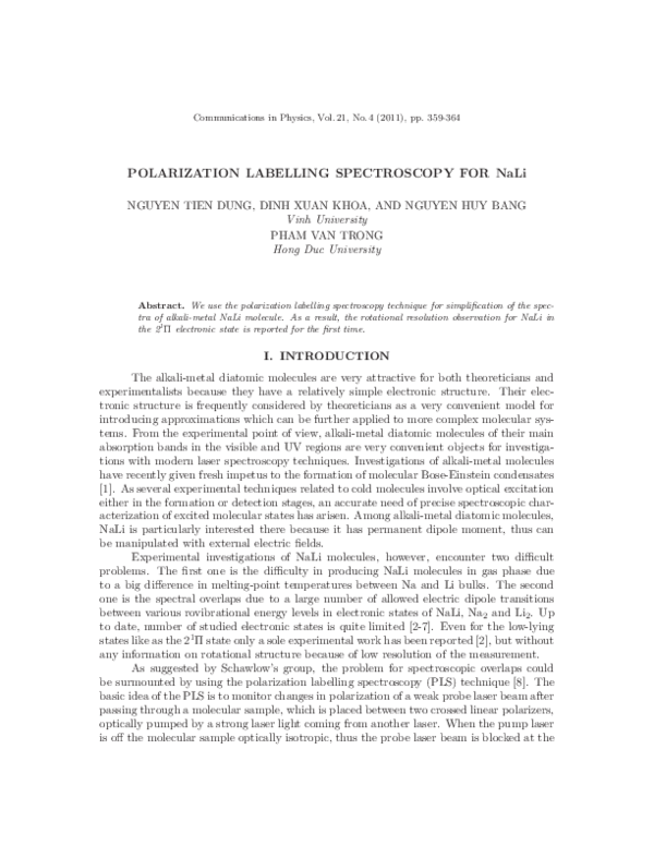(PDF) Polarization Labelling Spectroscopy for NaLi