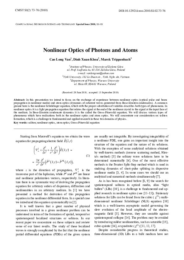 (PDF) Nonlinear Optics of Photons and Atoms