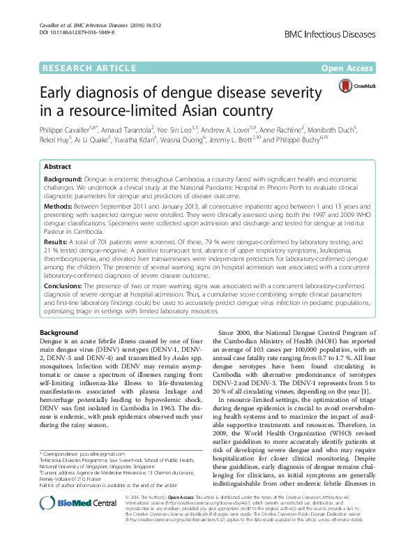 (PDF) Early diagnosis of dengue disease severity in a resource-limited ...