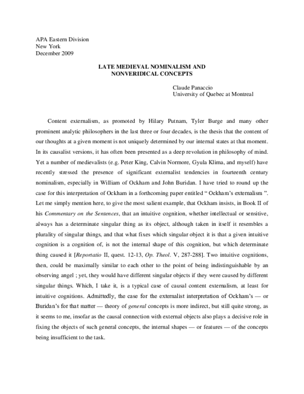 (PDF) Late Medieval Nominalism and Nonveridical Concepts