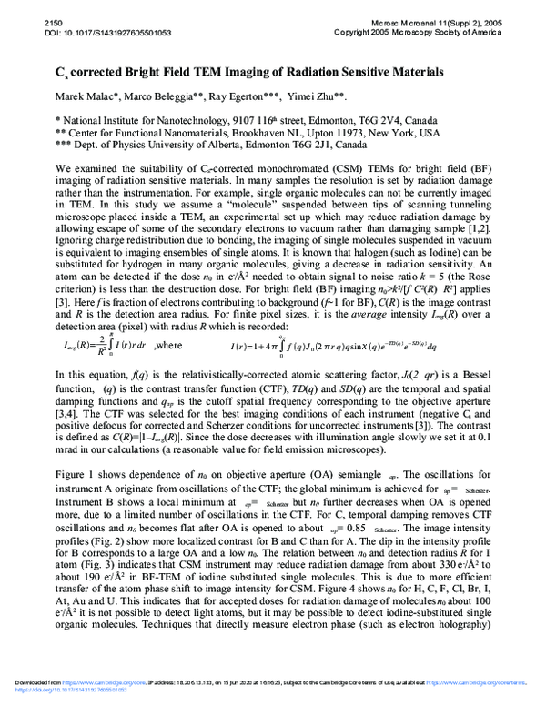 (PDF) Cs Corrected Bright Field Imaging of Radiation Sensitive Materials