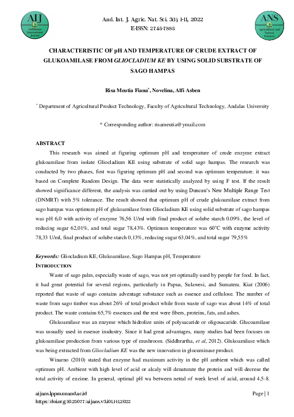 (PDF) Characteristic of PH and Temperature of Crude Extract of ...