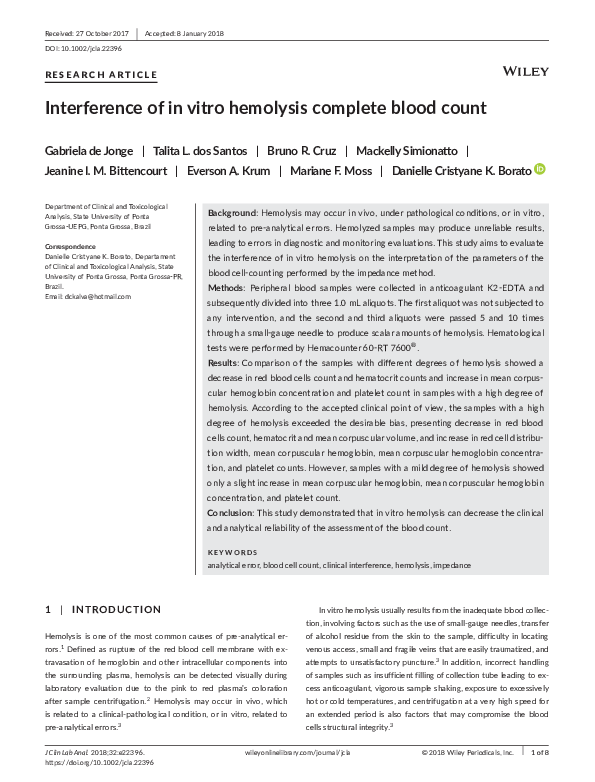 (PDF) Interference of in vitro hemolysis complete blood count